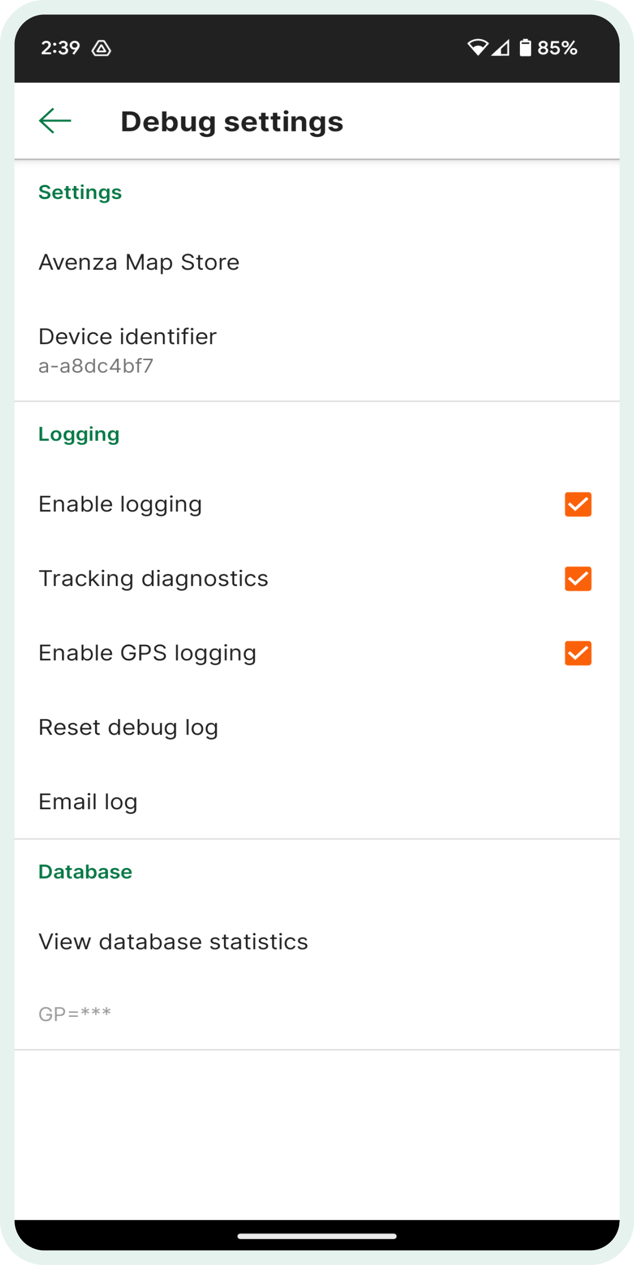 Debug Settings – Avenza Maps