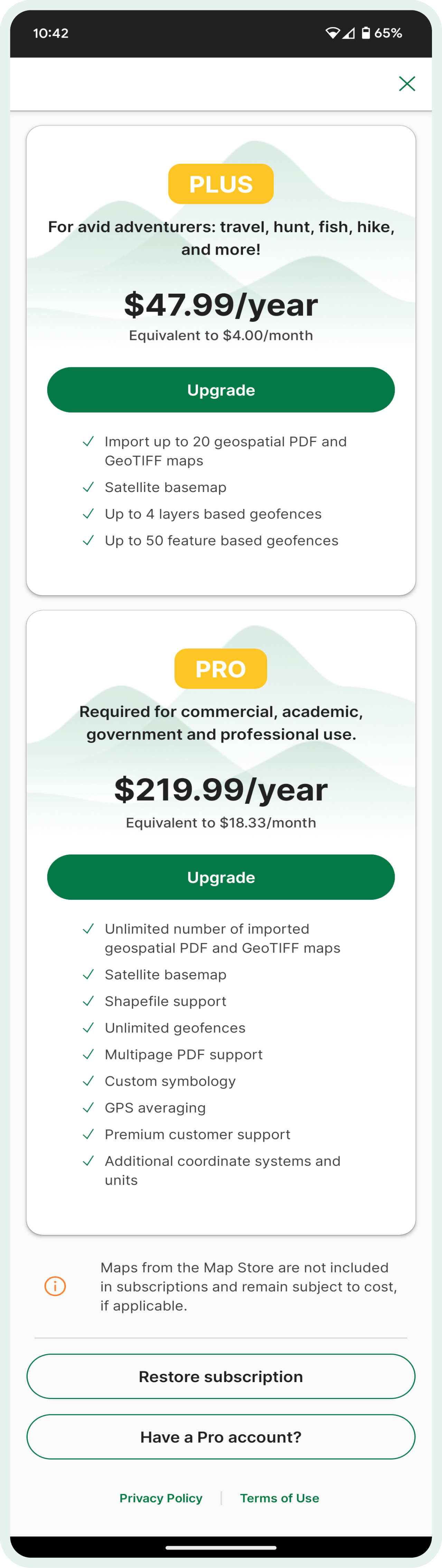 What subscriptions are available in-app? – Avenza Maps